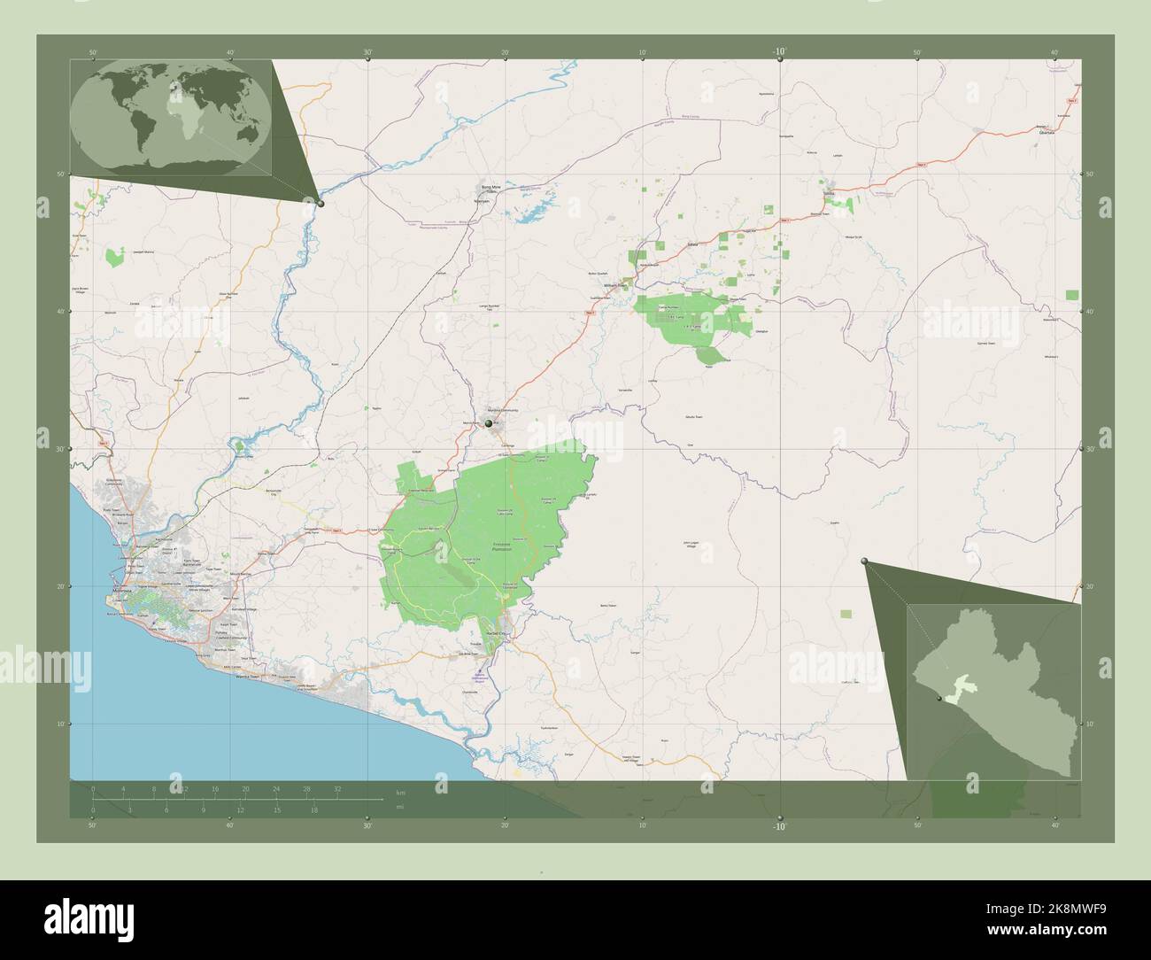 Margibi, county of Liberia. Open Street Map. Corner auxiliary location ...