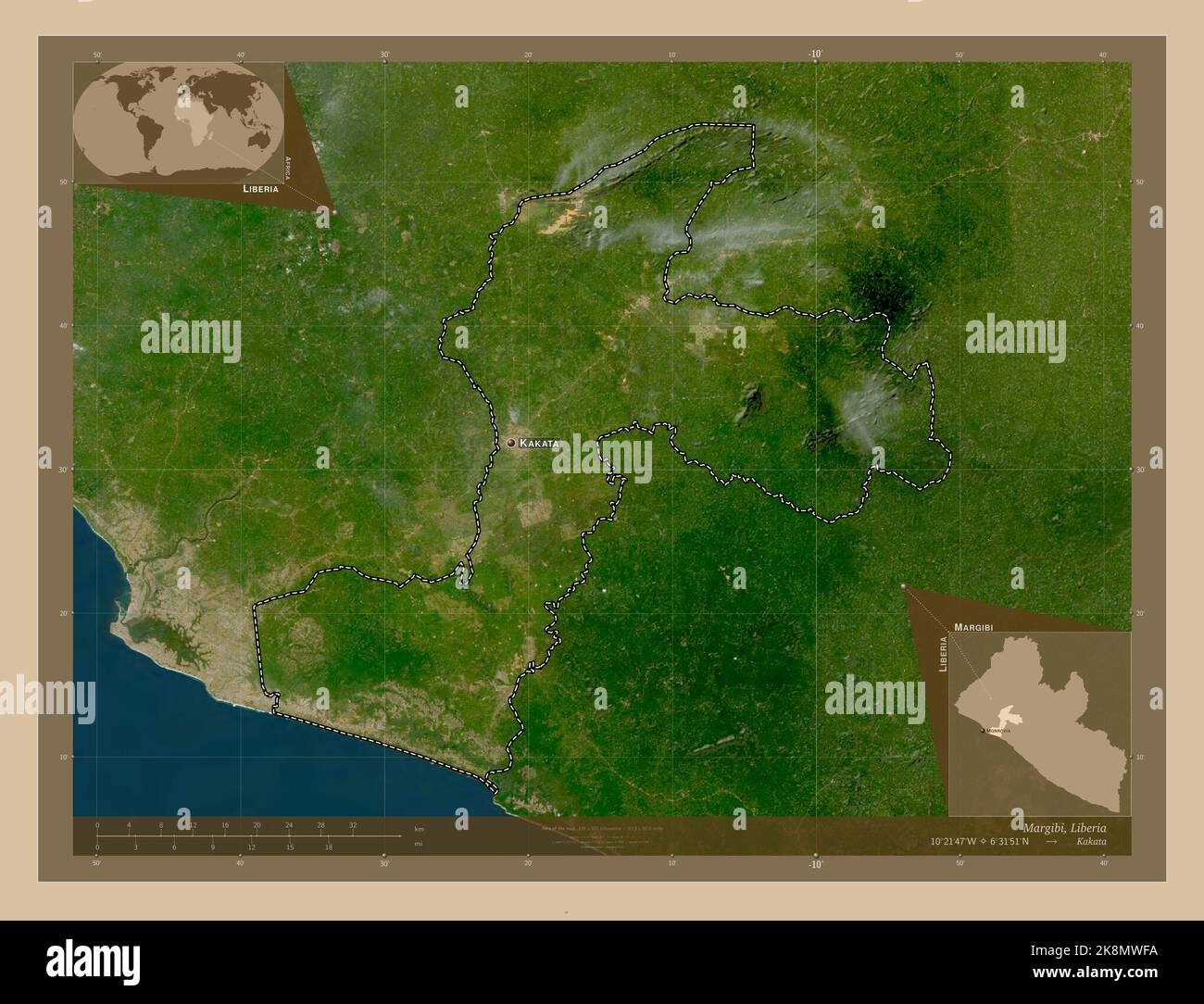 Margibi, county of Liberia. Low resolution satellite map. Locations and ...