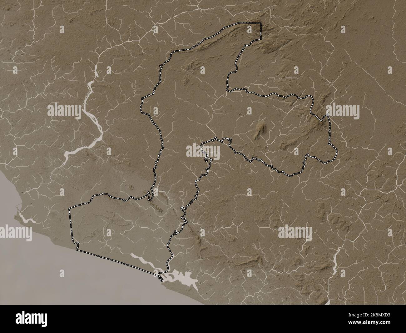Margibi, county of Liberia. Elevation map colored in sepia tones with ...