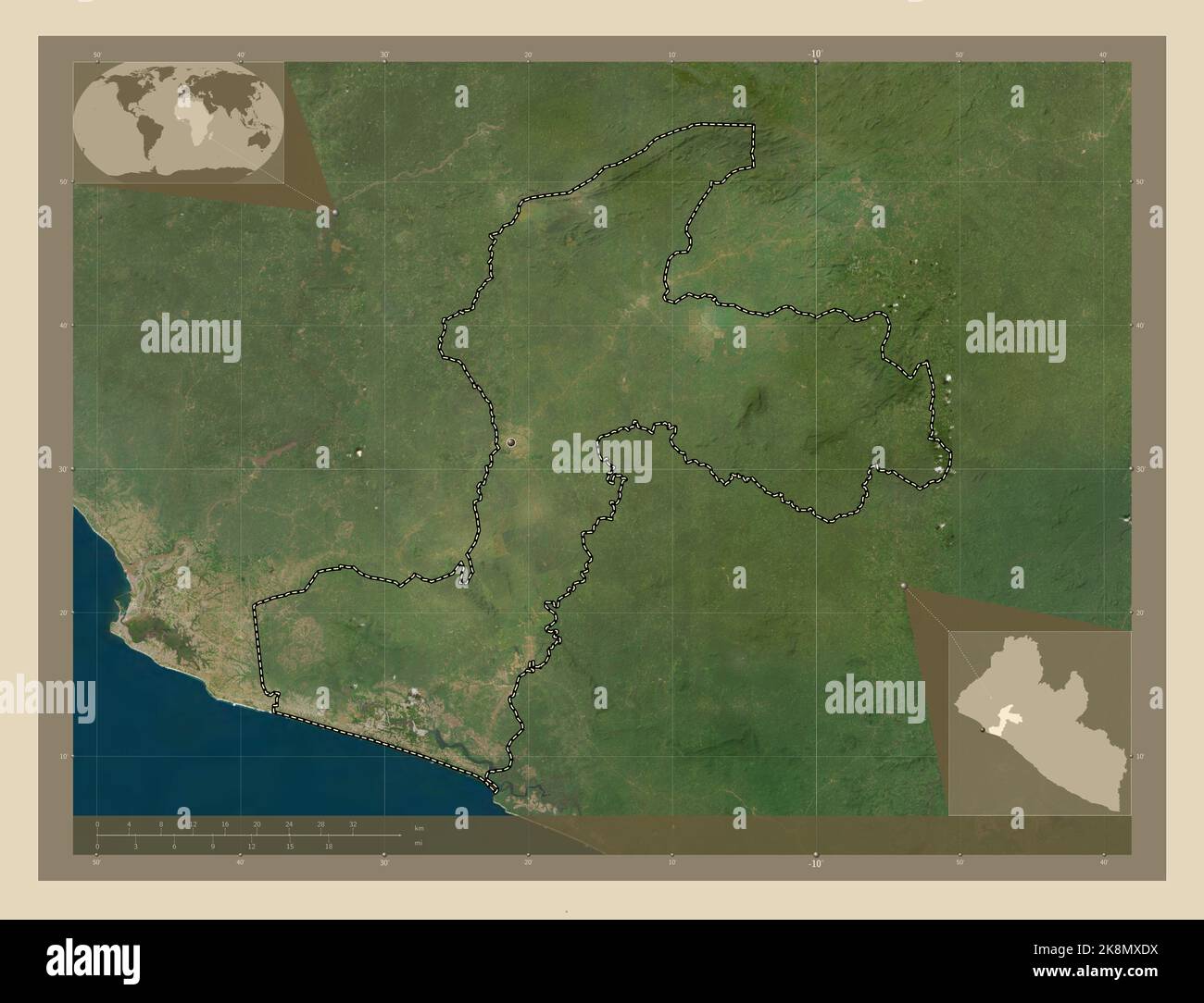 Margibi, county of Liberia. High resolution satellite map. Corner ...
