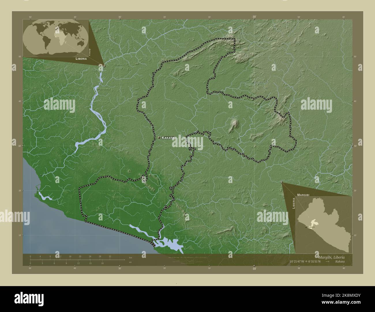 Margibi, county of Liberia. Elevation map colored in wiki style with ...