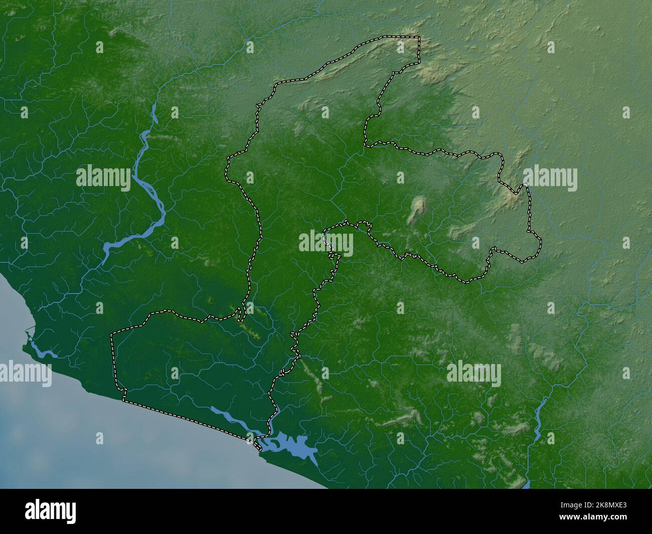 Margibi, county of Liberia. Colored elevation map with lakes and rivers ...