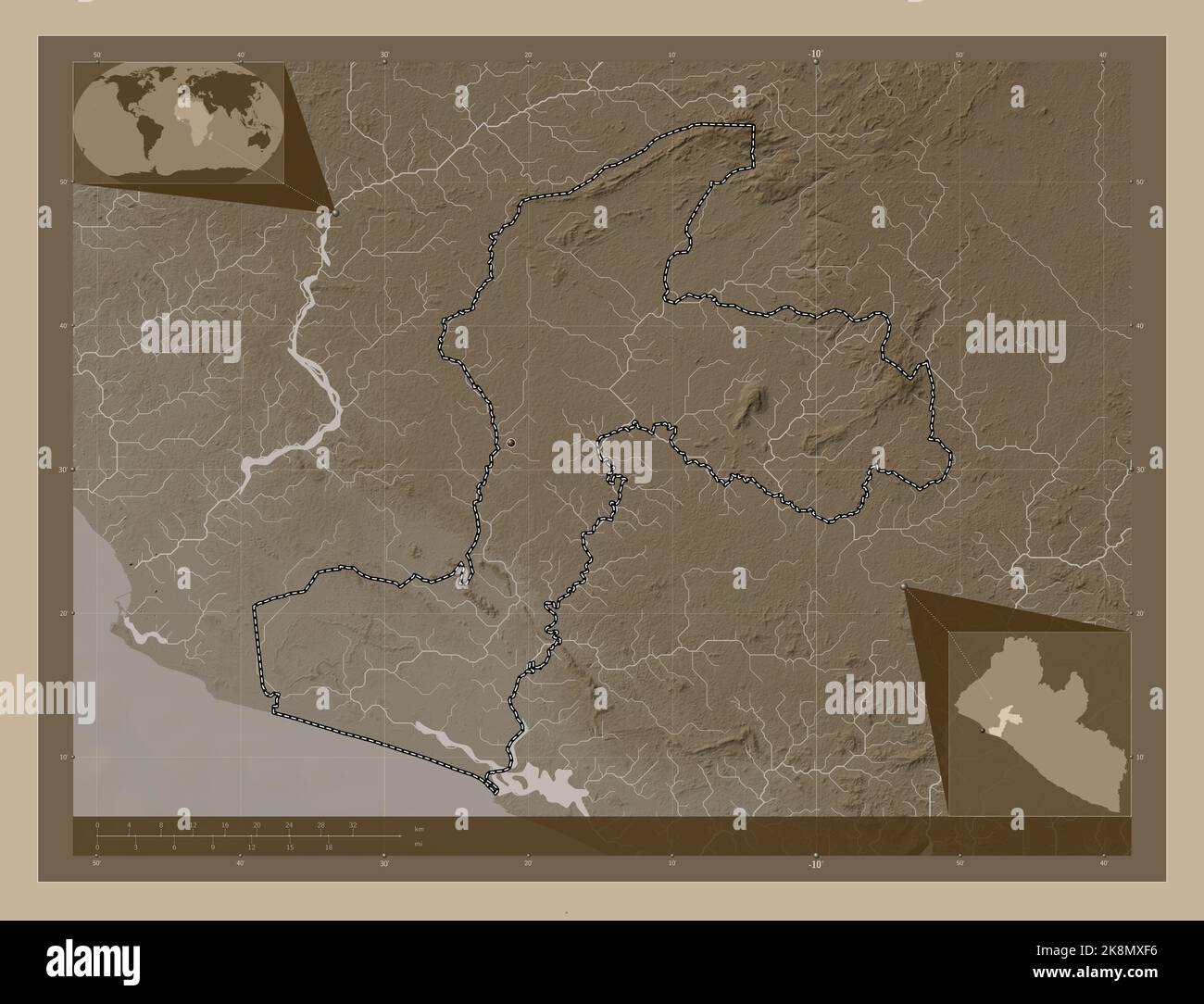 Margibi, county of Liberia. Elevation map colored in sepia tones with ...