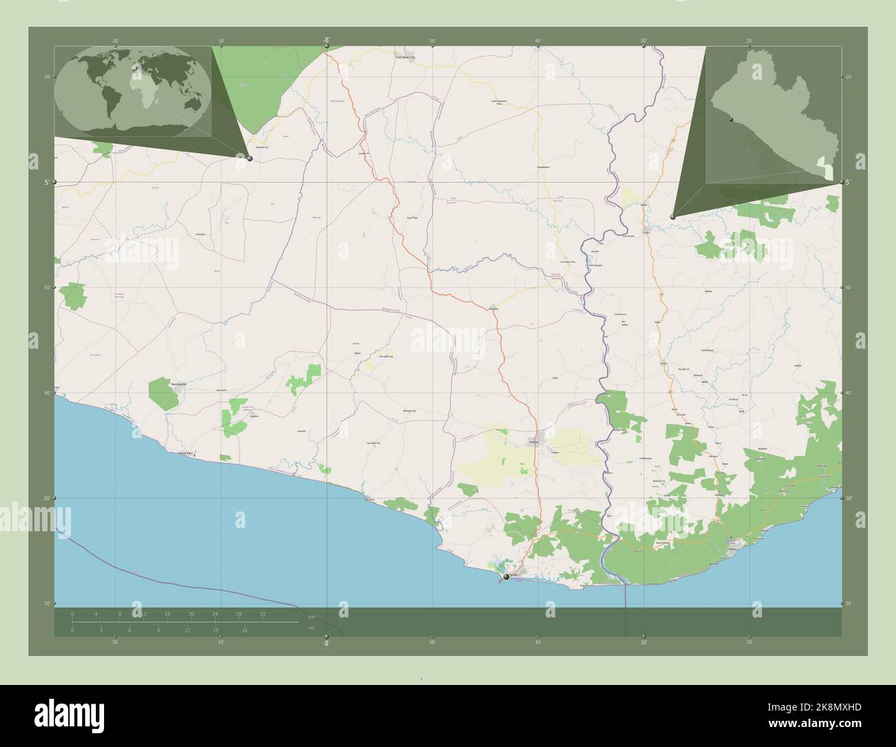 Maryland, county of Liberia. Open Street Map. Locations of major cities ...