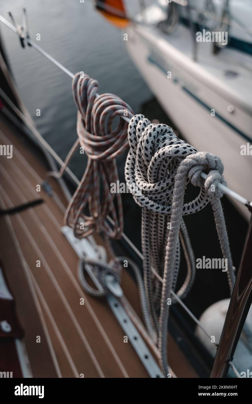 The coiled ropes on a yacht Stock Photo - Alamy