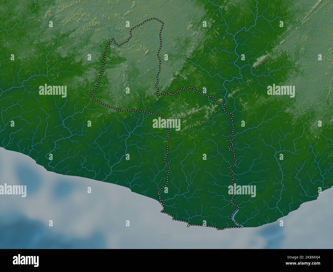 Maryland, county of Liberia. Colored elevation map with lakes and ...