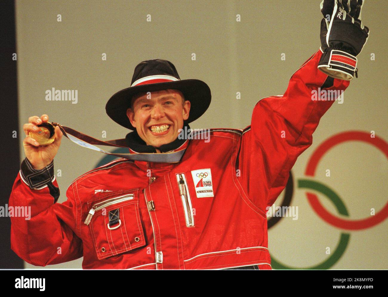 Nagano, Japan 19980211: Halvard Hanevold rejoices after receiving his ...