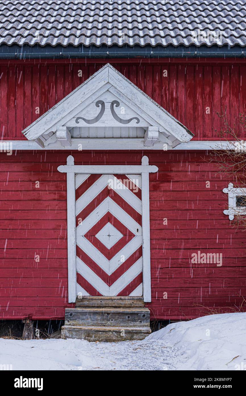 Entrance of an old Norwegian "stabbur", a storage house for food at a ...