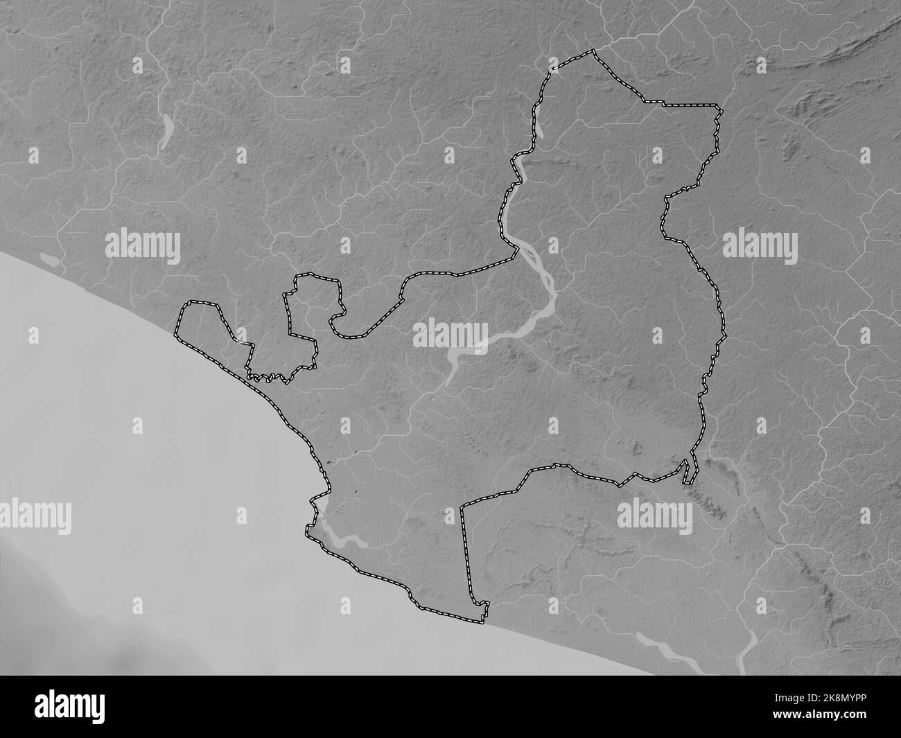 Montserrado, county of Liberia. Grayscale elevation map with lakes and ...