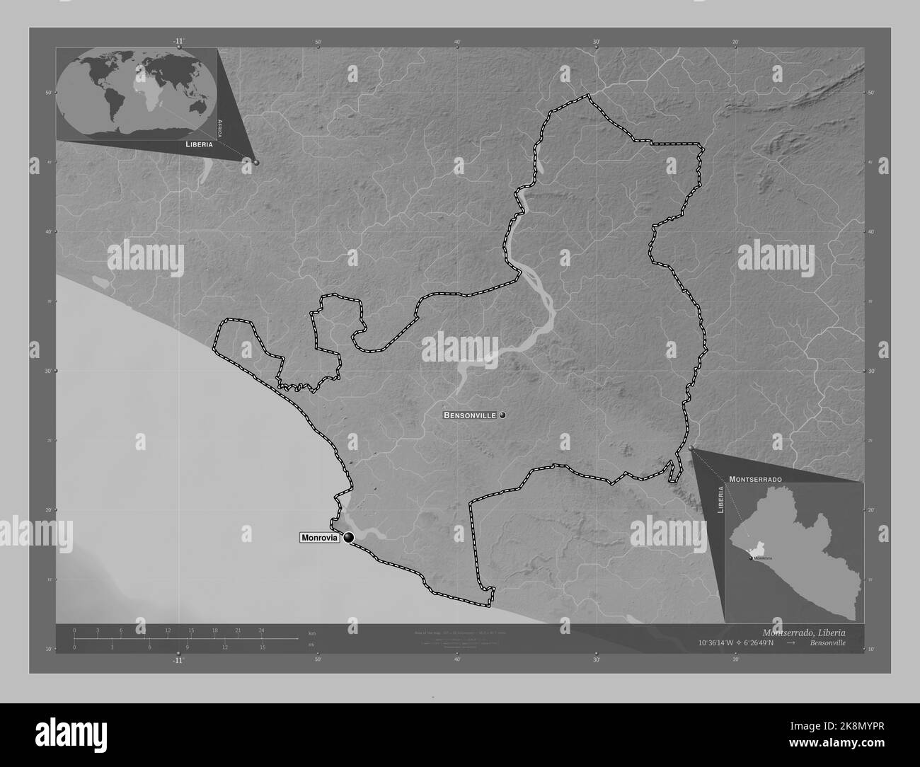 Montserrado, county of Liberia. Grayscale elevation map with lakes and ...