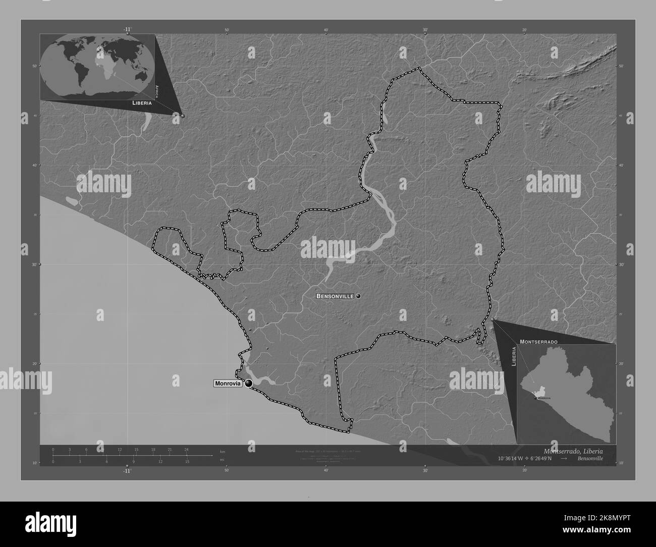 Montserrado, county of Liberia. Bilevel elevation map with lakes and ...