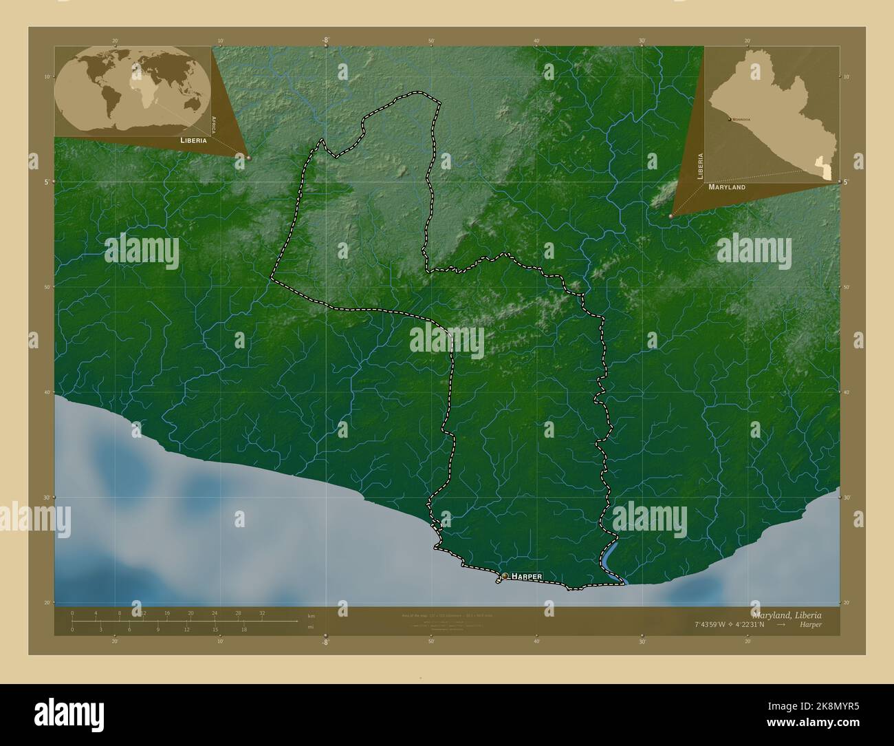 Maryland, county of Liberia. Colored elevation map with lakes and ...