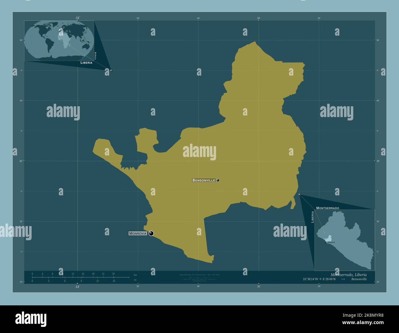 Montserrado, county of Liberia. Solid color shape. Locations and names ...