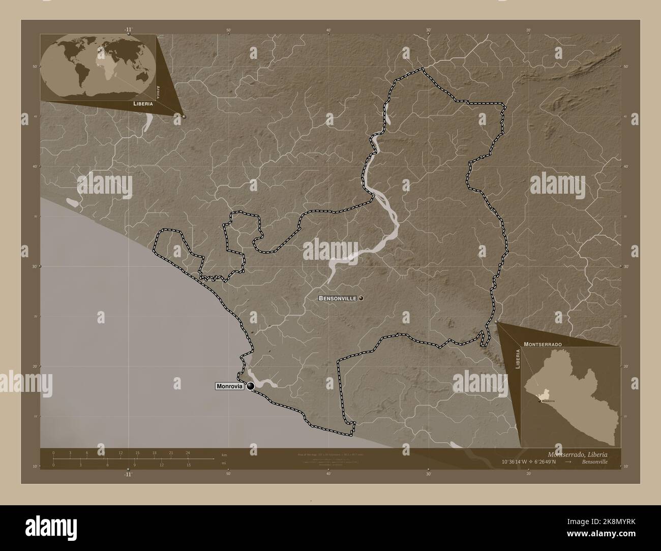 Montserrado, county of Liberia. Elevation map colored in sepia tones ...