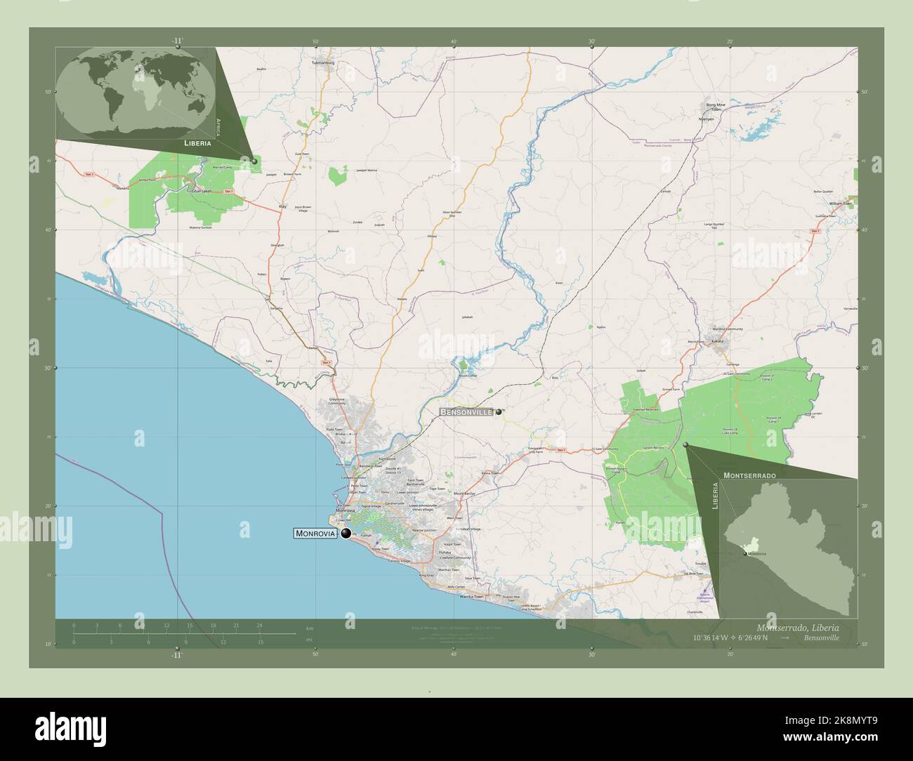 Montserrado, county of Liberia. Open Street Map. Locations and names of ...