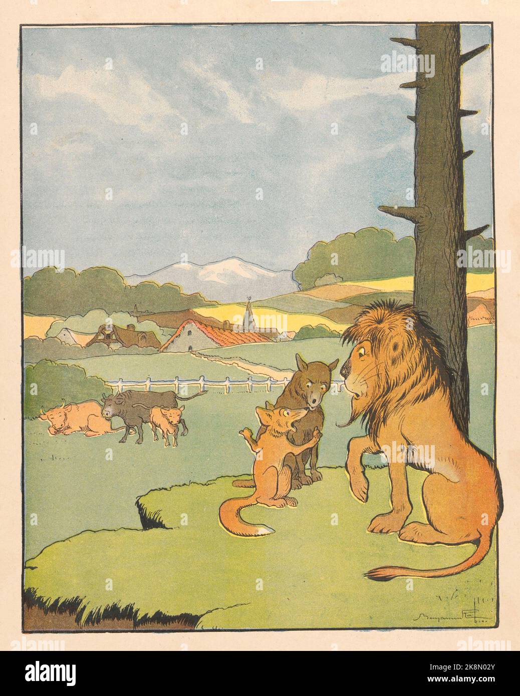 'I discover a superb prey: a bull, a cow and their young.' Illustration ...