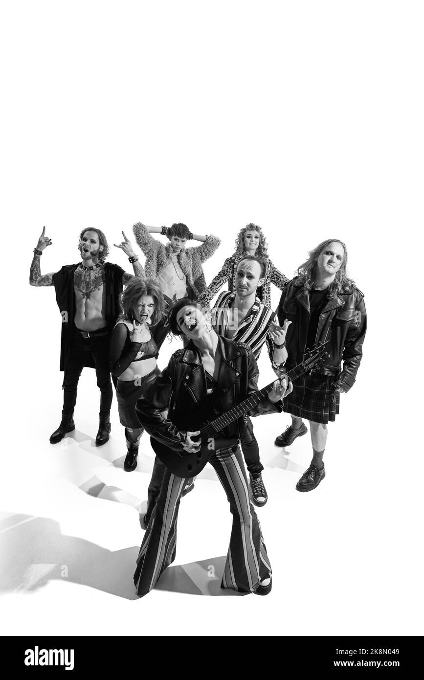 Group of stylish expressive people, man and woman, rock musicians ...