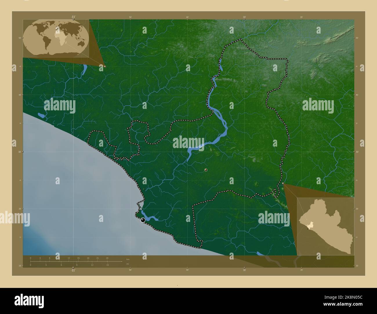 Montserrado, county of Liberia. Colored elevation map with lakes and ...