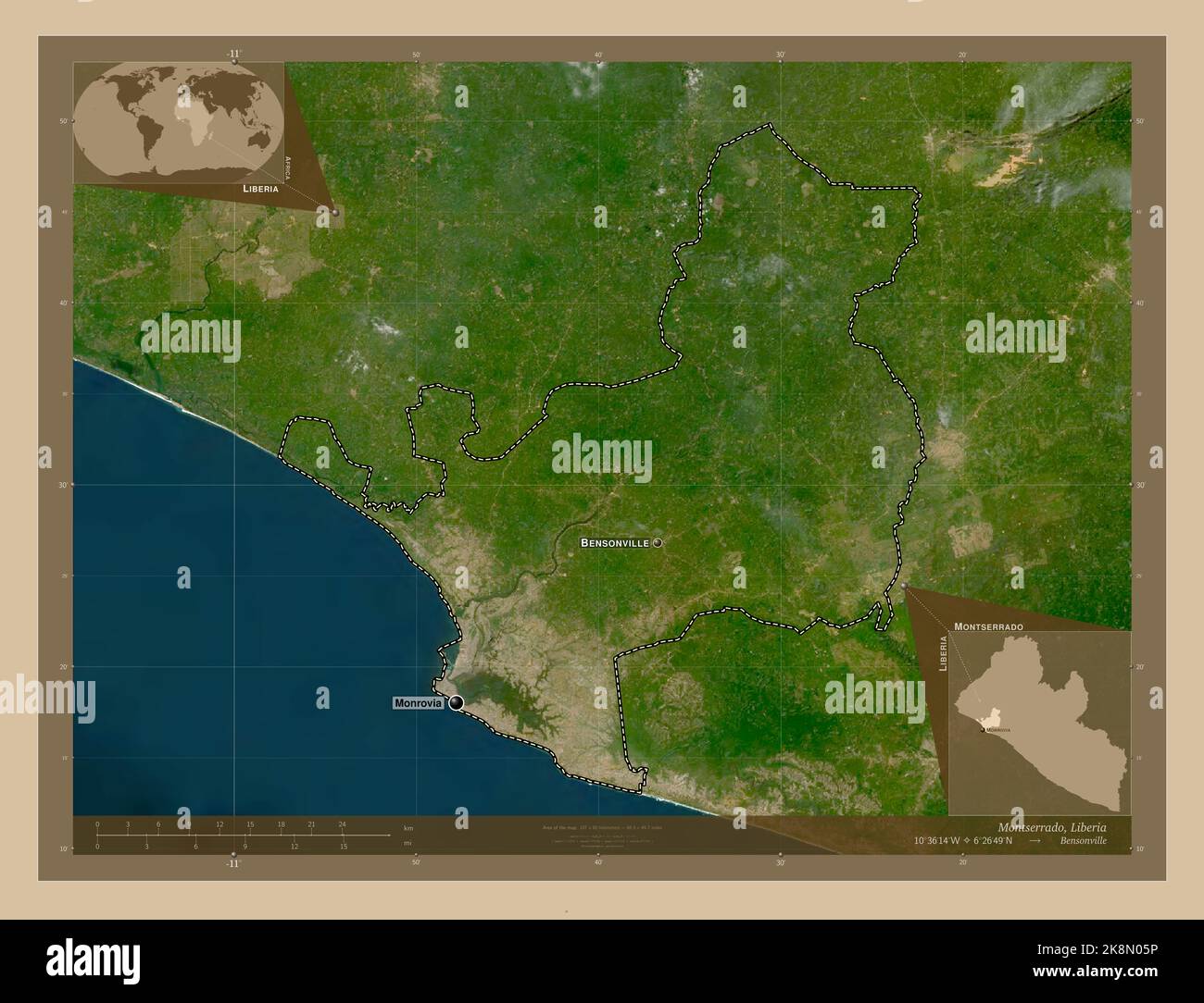 Montserrado, county of Liberia. Low resolution satellite map. Locations ...
