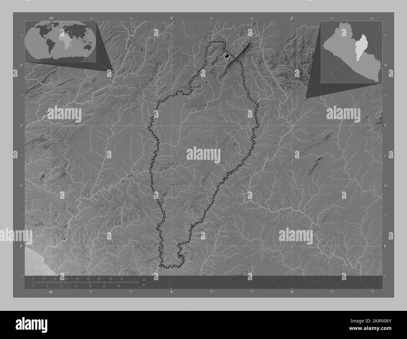 Nimba, county of Liberia. Grayscale elevation map with lakes and rivers ...