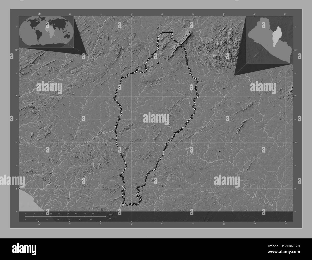 Nimba, county of Liberia. Bilevel elevation map with lakes and rivers ...