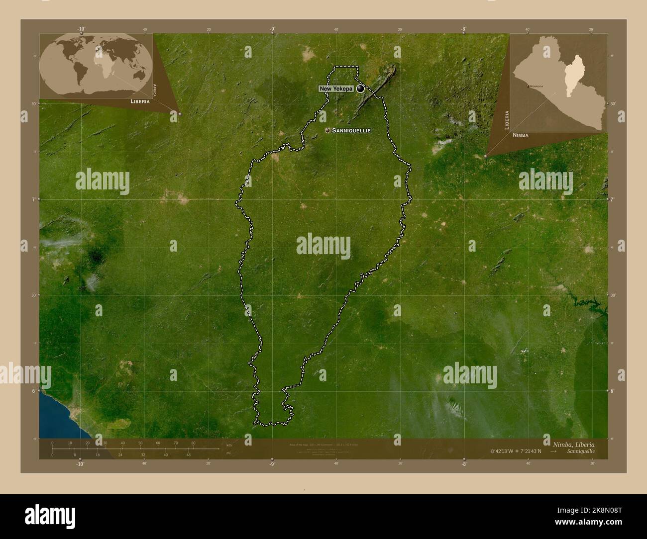 Nimba, county of Liberia. Low resolution satellite map. Locations and ...