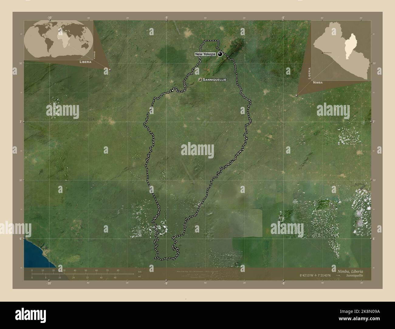 Nimba, county of Liberia. High resolution satellite map. Locations and ...