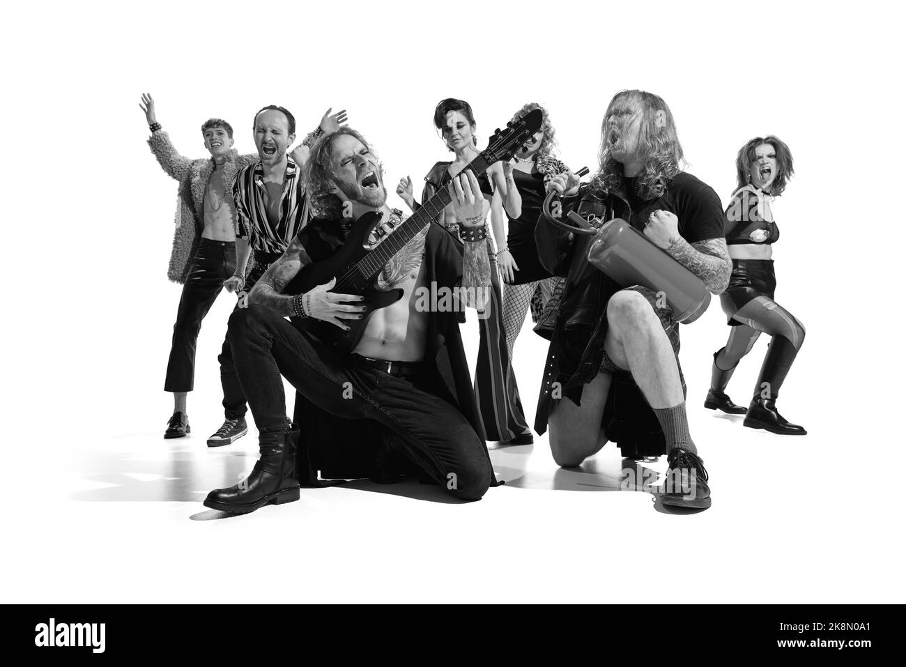 Group of emotive, expressive people, man and woman, rock music ...