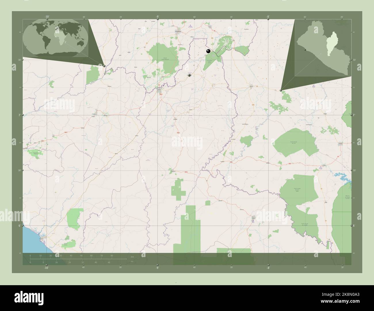 Nimba, county of Liberia. Open Street Map. Locations of major cities of ...
