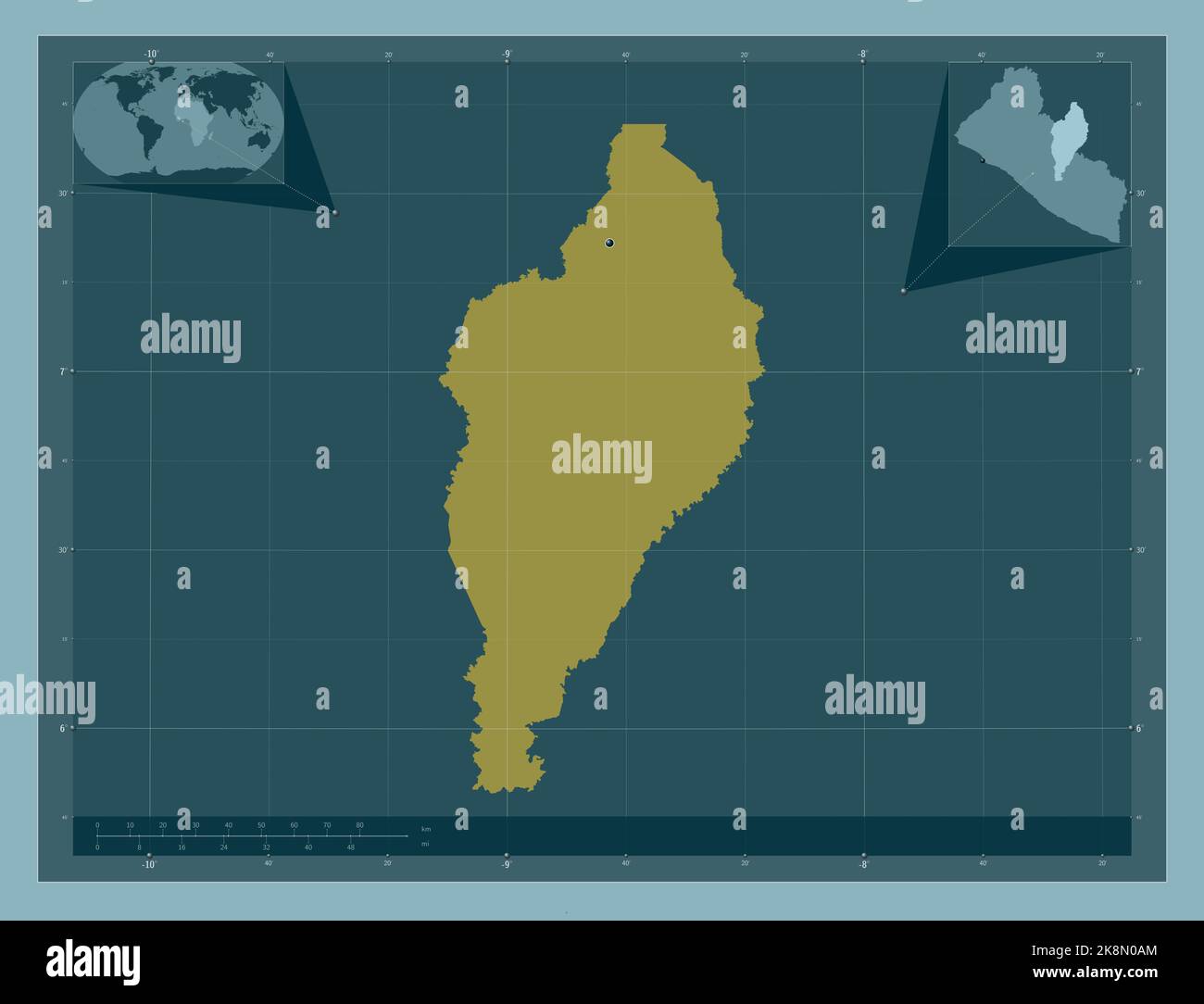 Nimba, county of Liberia. Solid color shape. Corner auxiliary location ...