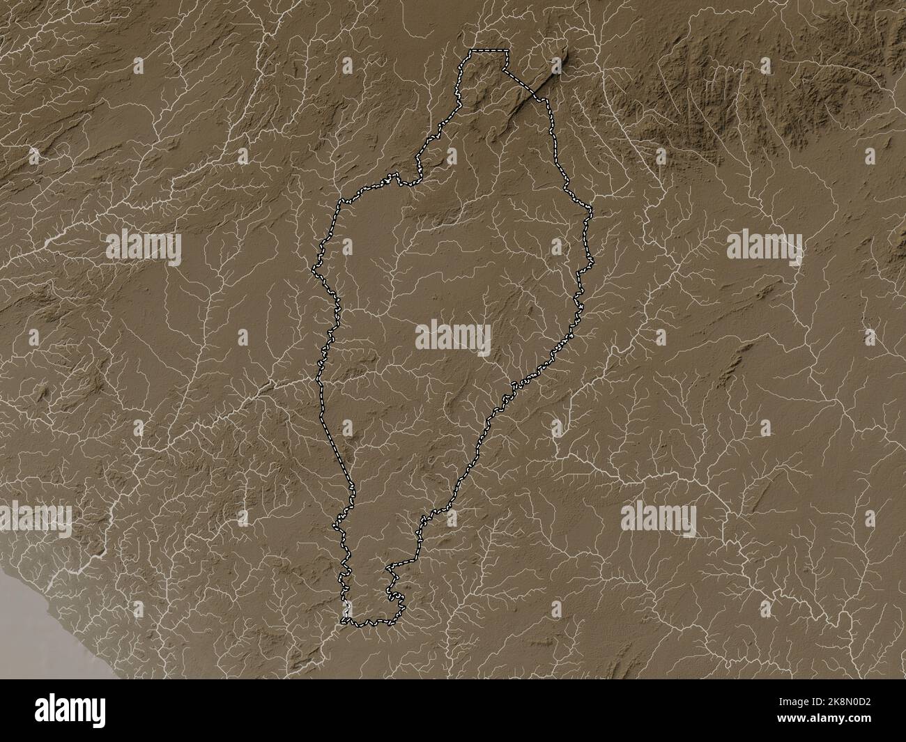 Nimba, county of Liberia. Elevation map colored in sepia tones with ...
