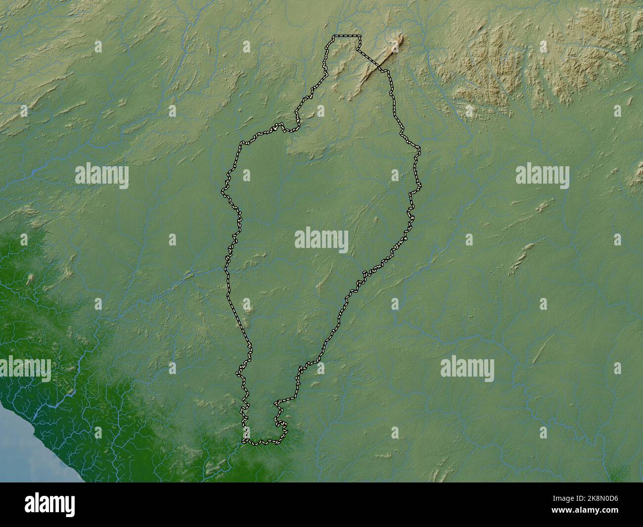 Nimba, county of Liberia. Colored elevation map with lakes and rivers ...