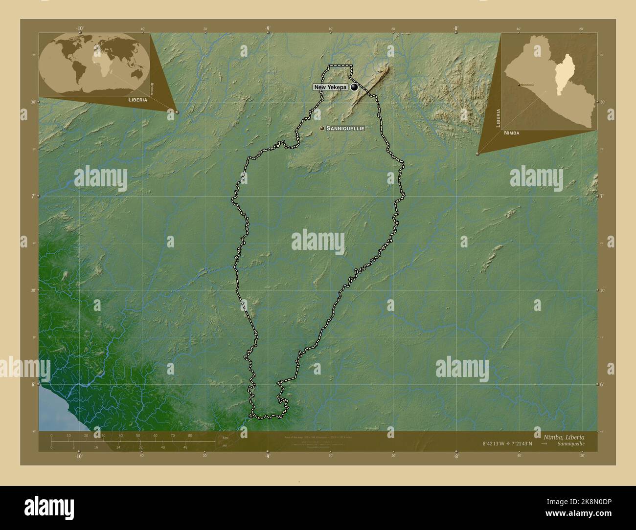Nimba, county of Liberia. Colored elevation map with lakes and rivers ...
