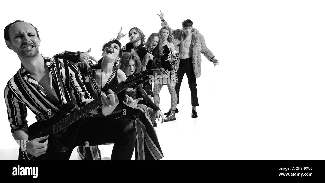 Group of stylish expressive people, man and woman, rock music ...