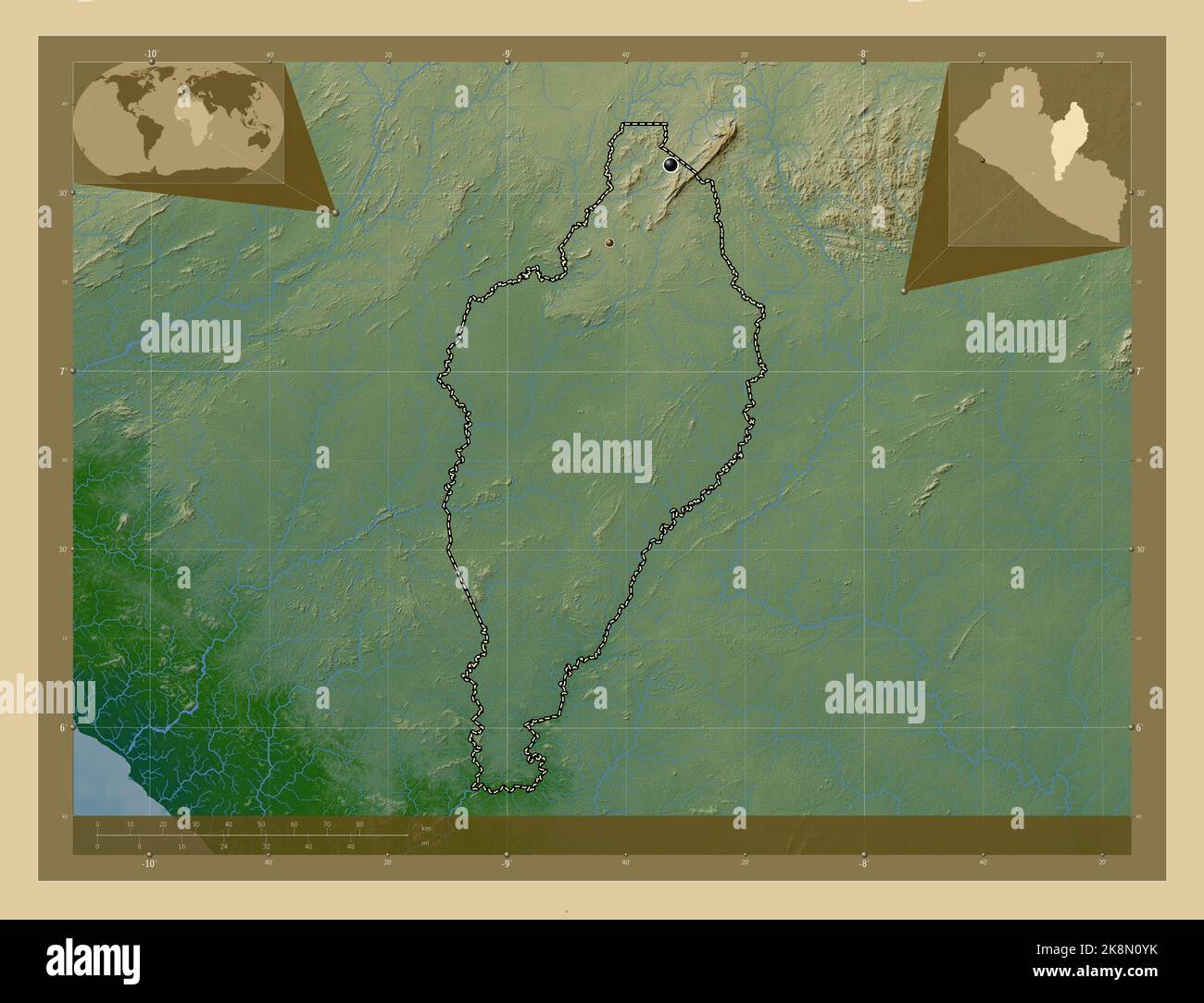 Nimba, county of Liberia. Colored elevation map with lakes and rivers ...