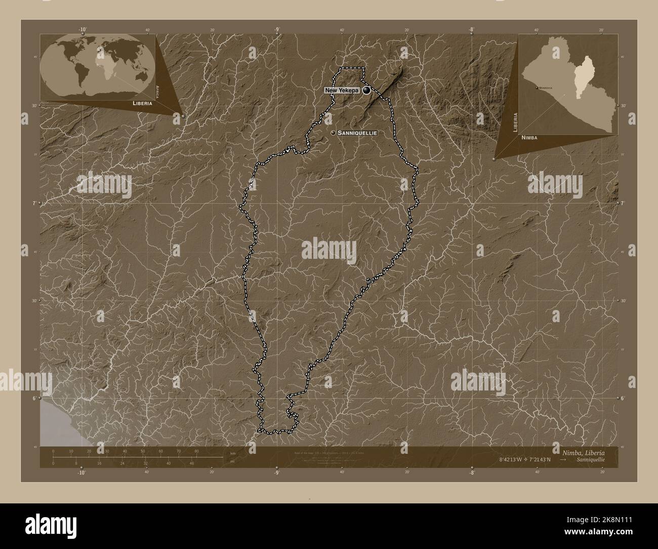 Nimba, county of Liberia. Elevation map colored in sepia tones with ...