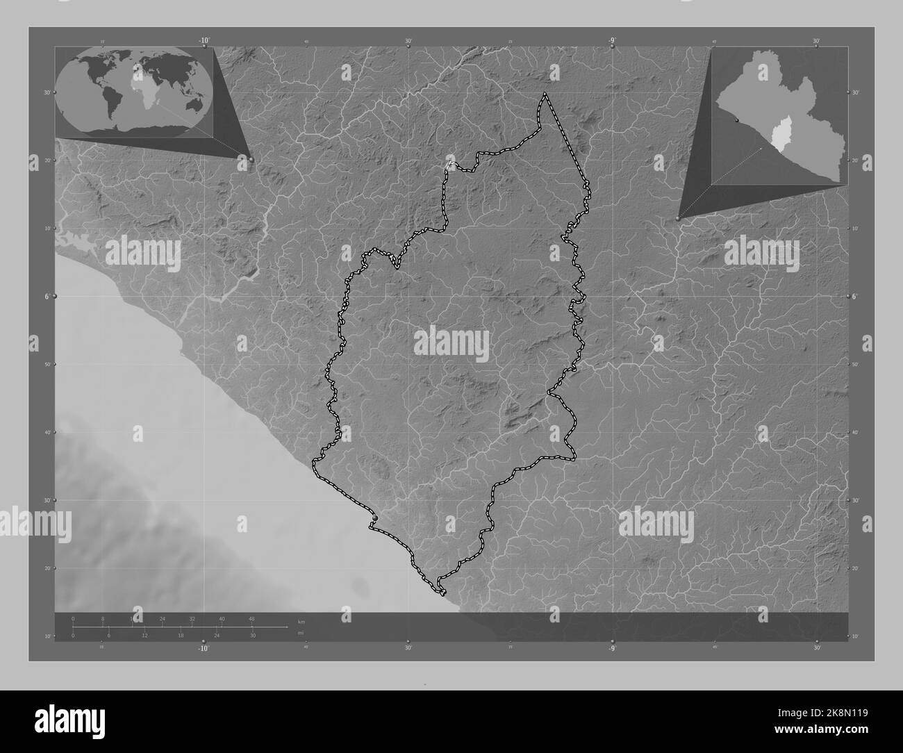 River Cess, county of Liberia. Grayscale elevation map with lakes and ...