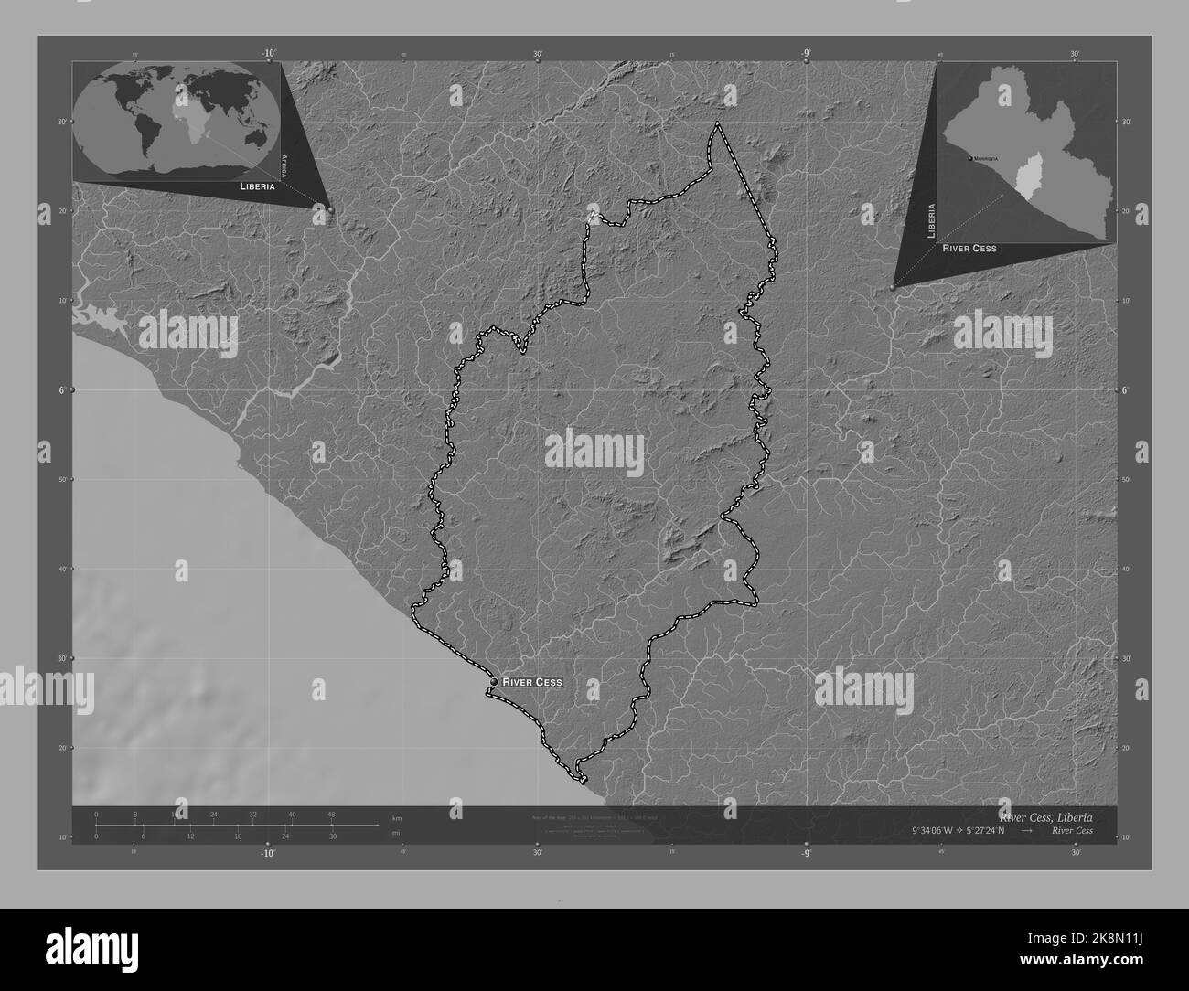 River Cess, county of Liberia. Bilevel elevation map with lakes and ...