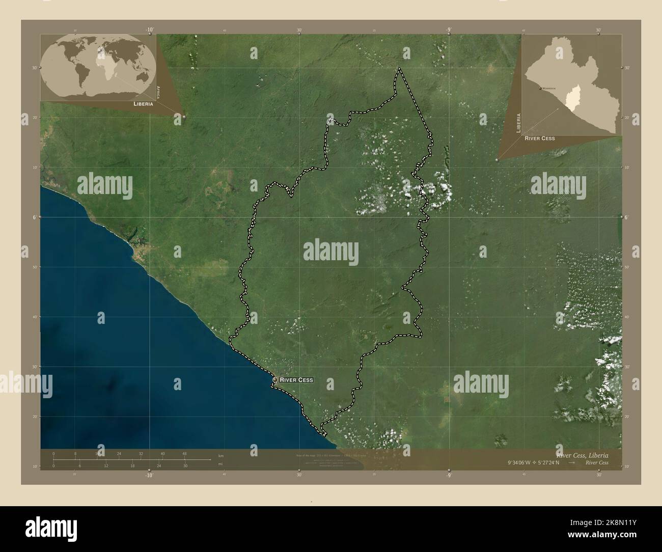 River Cess, county of Liberia. High resolution satellite map. Locations ...