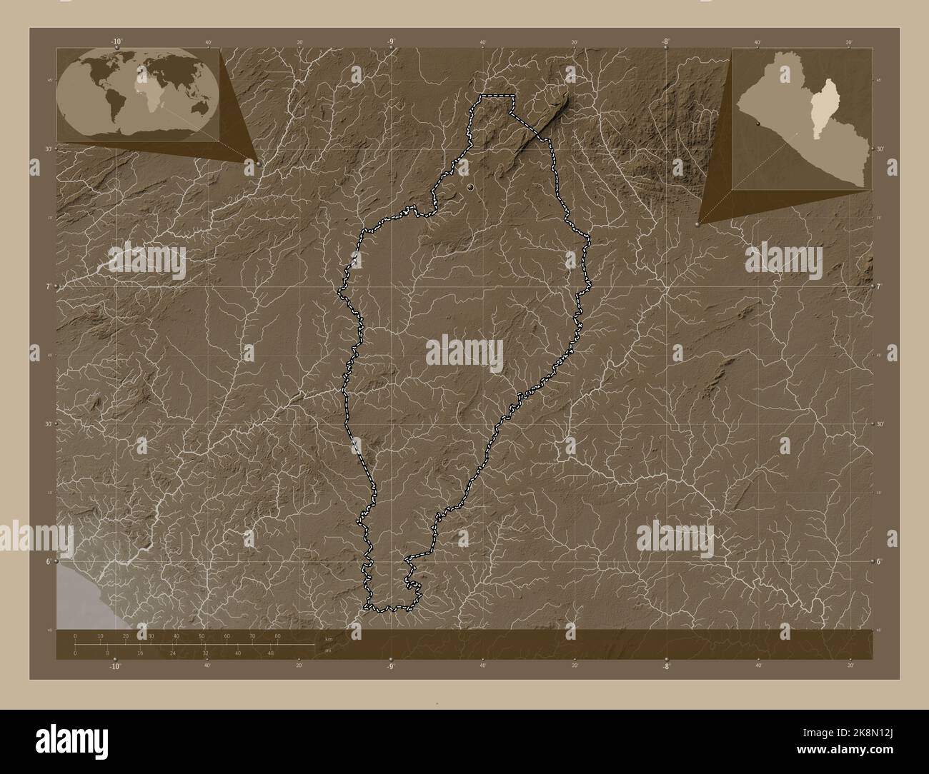 Nimba, county of Liberia. Elevation map colored in sepia tones with ...