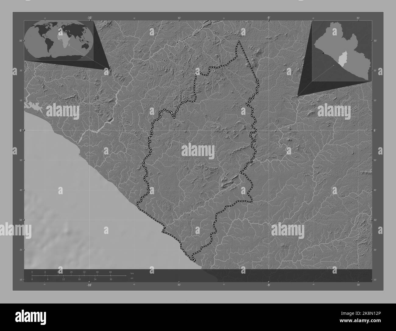 River Cess, county of Liberia. Bilevel elevation map with lakes and ...