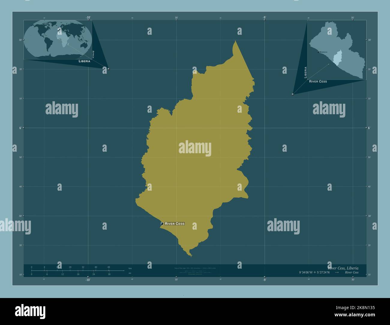River Cess, county of Liberia. Solid color shape. Locations and names ...