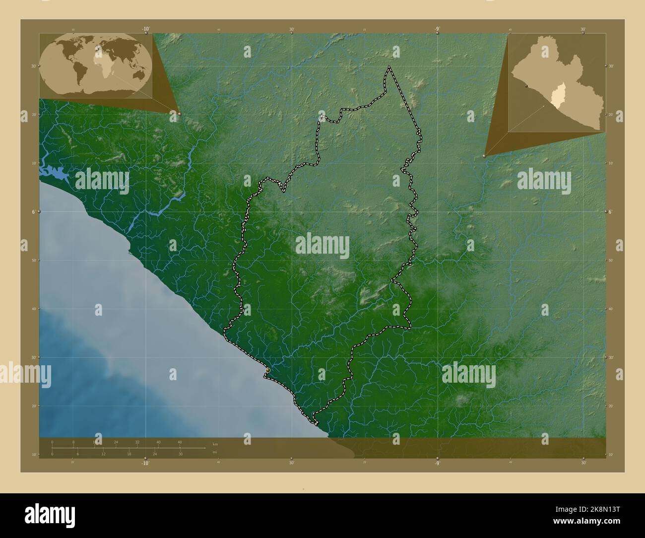 River Cess, county of Liberia. Colored elevation map with lakes and ...