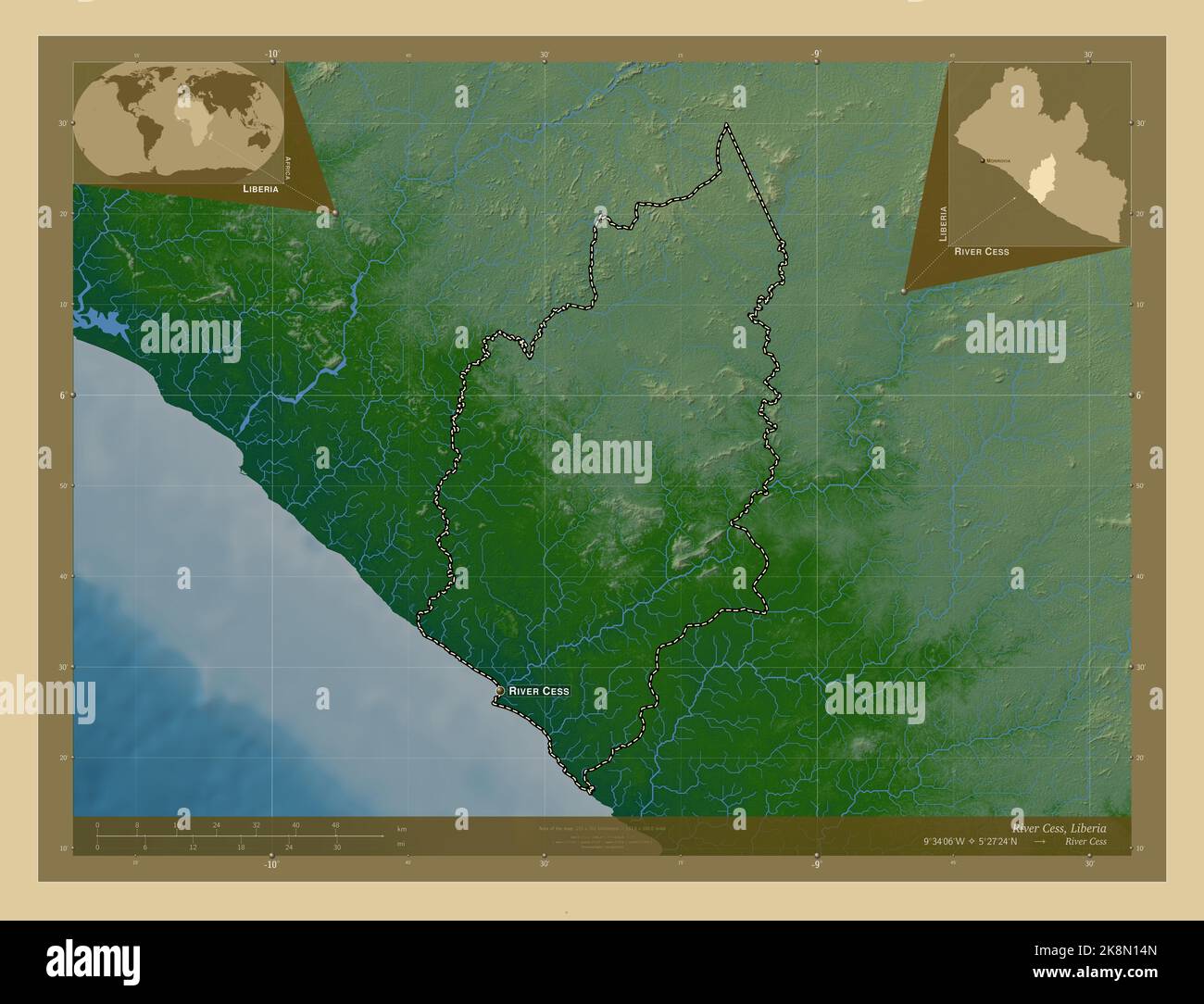 River Cess, county of Liberia. Colored elevation map with lakes and ...