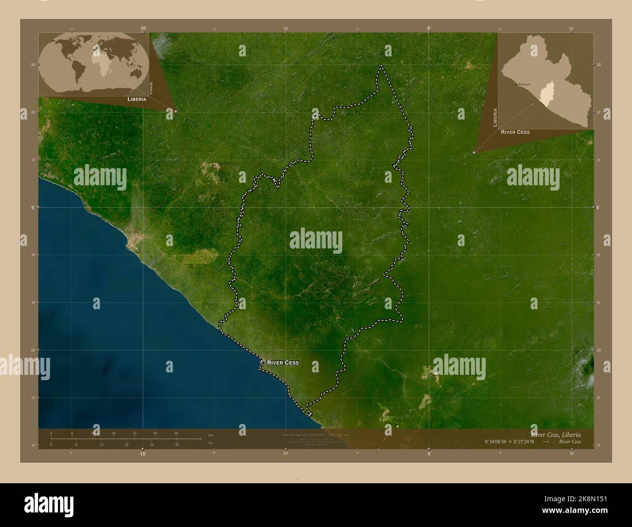 River Cess, county of Liberia. Low resolution satellite map. Locations ...