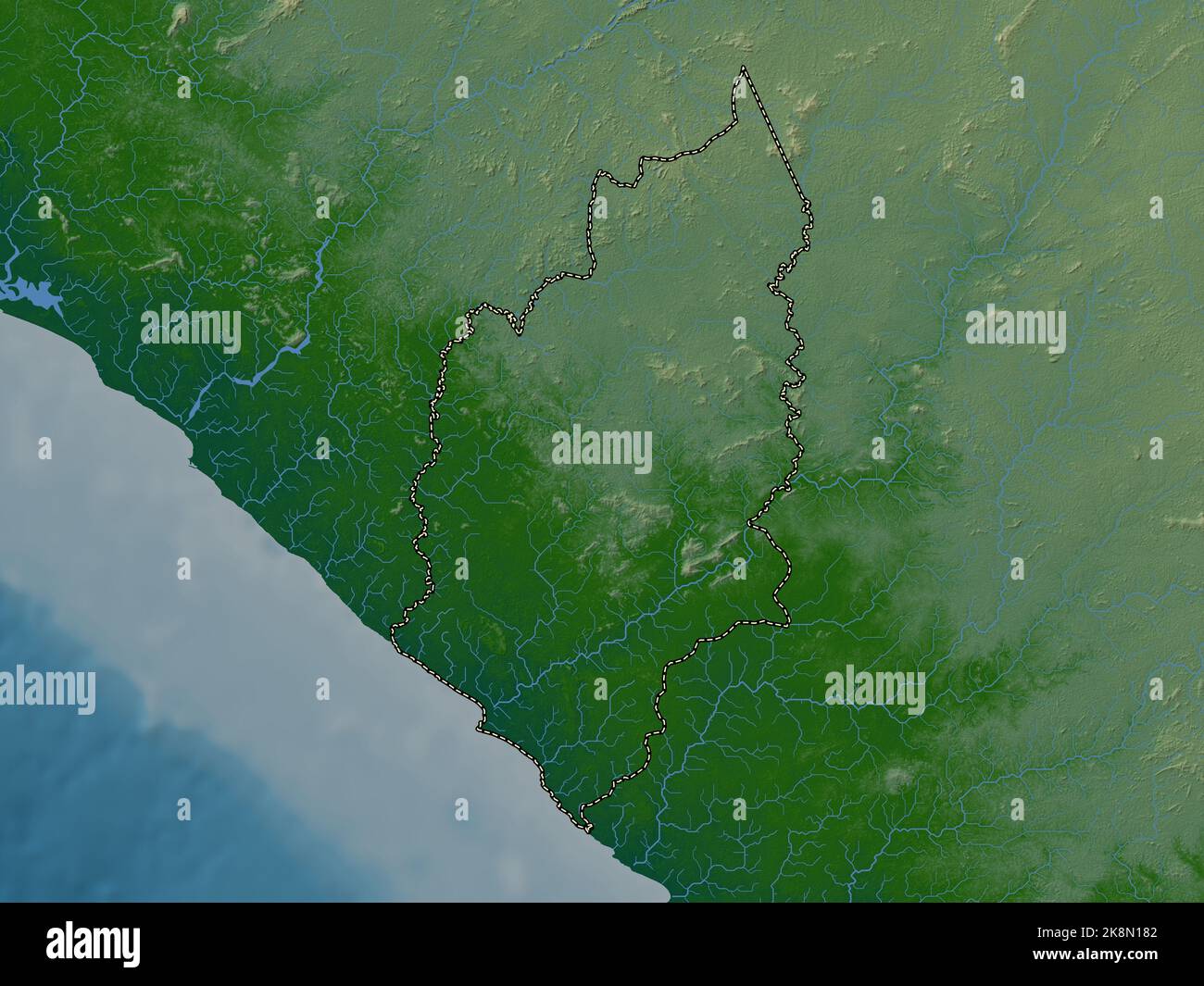 River Cess, county of Liberia. Colored elevation map with lakes and ...