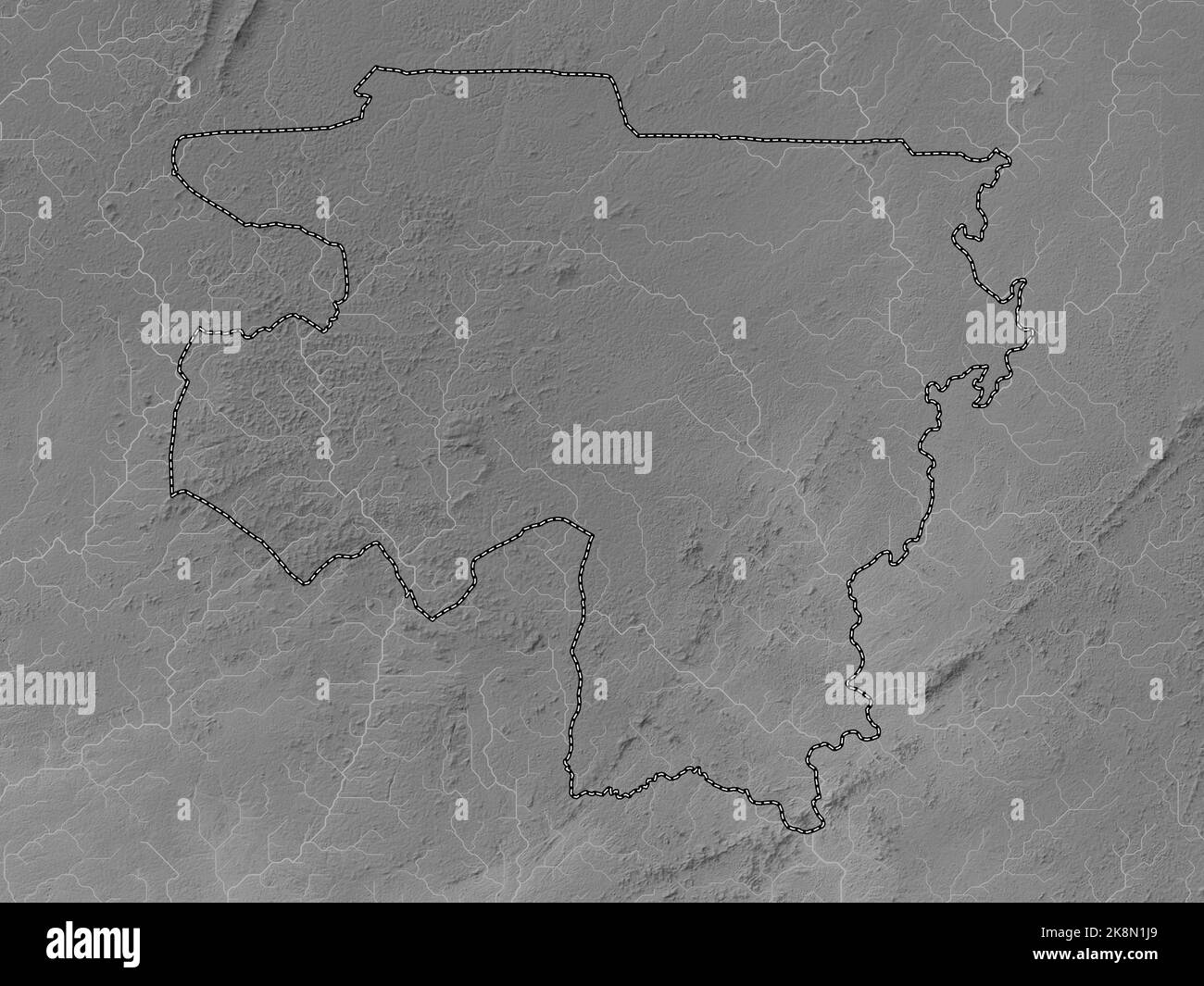 River Gee, county of Liberia. Grayscale elevation map with lakes and ...