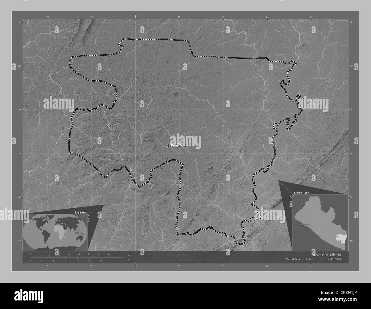River Gee, county of Liberia. Grayscale elevation map with lakes and ...