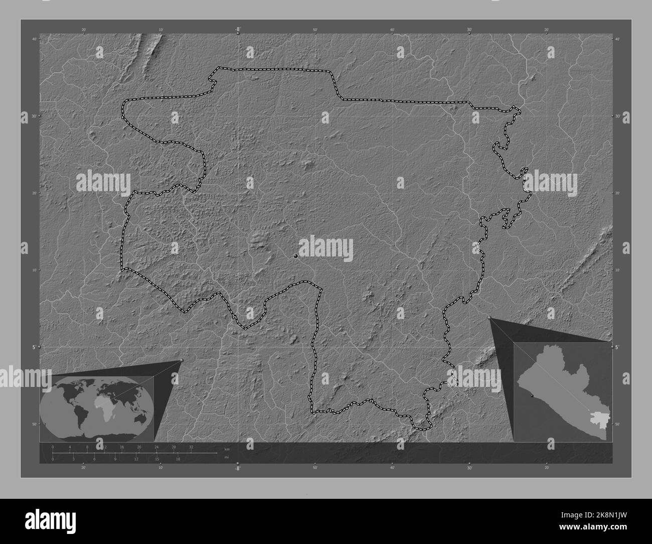 River Gee, county of Liberia. Bilevel elevation map with lakes and ...
