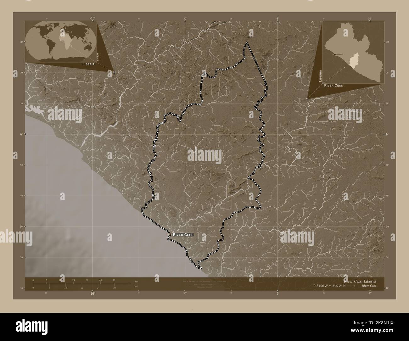 River Cess, county of Liberia. Elevation map colored in sepia tones ...